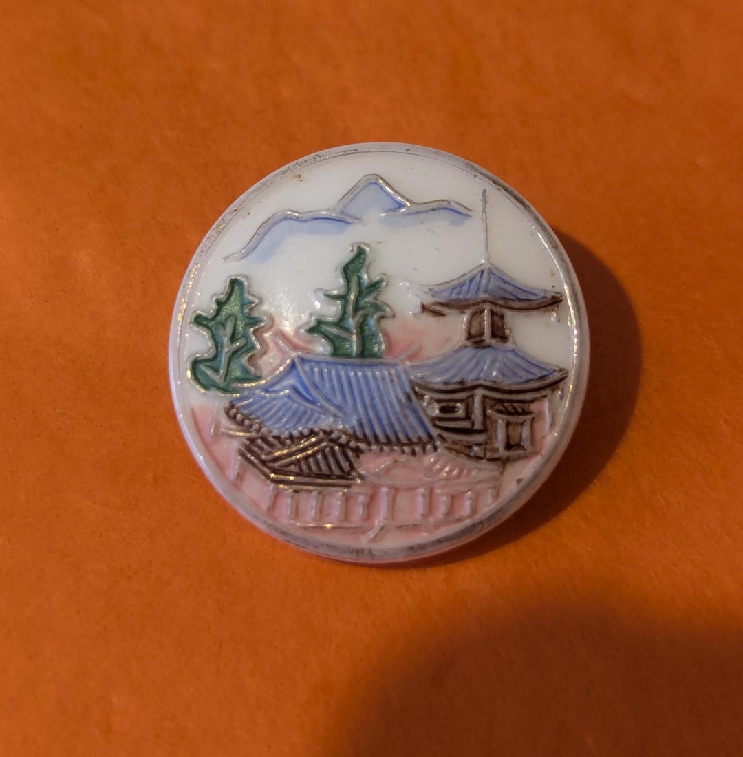 Japanese Pagoda Scene Button on White Glass. Large C 1930s. 2.3cm ...
