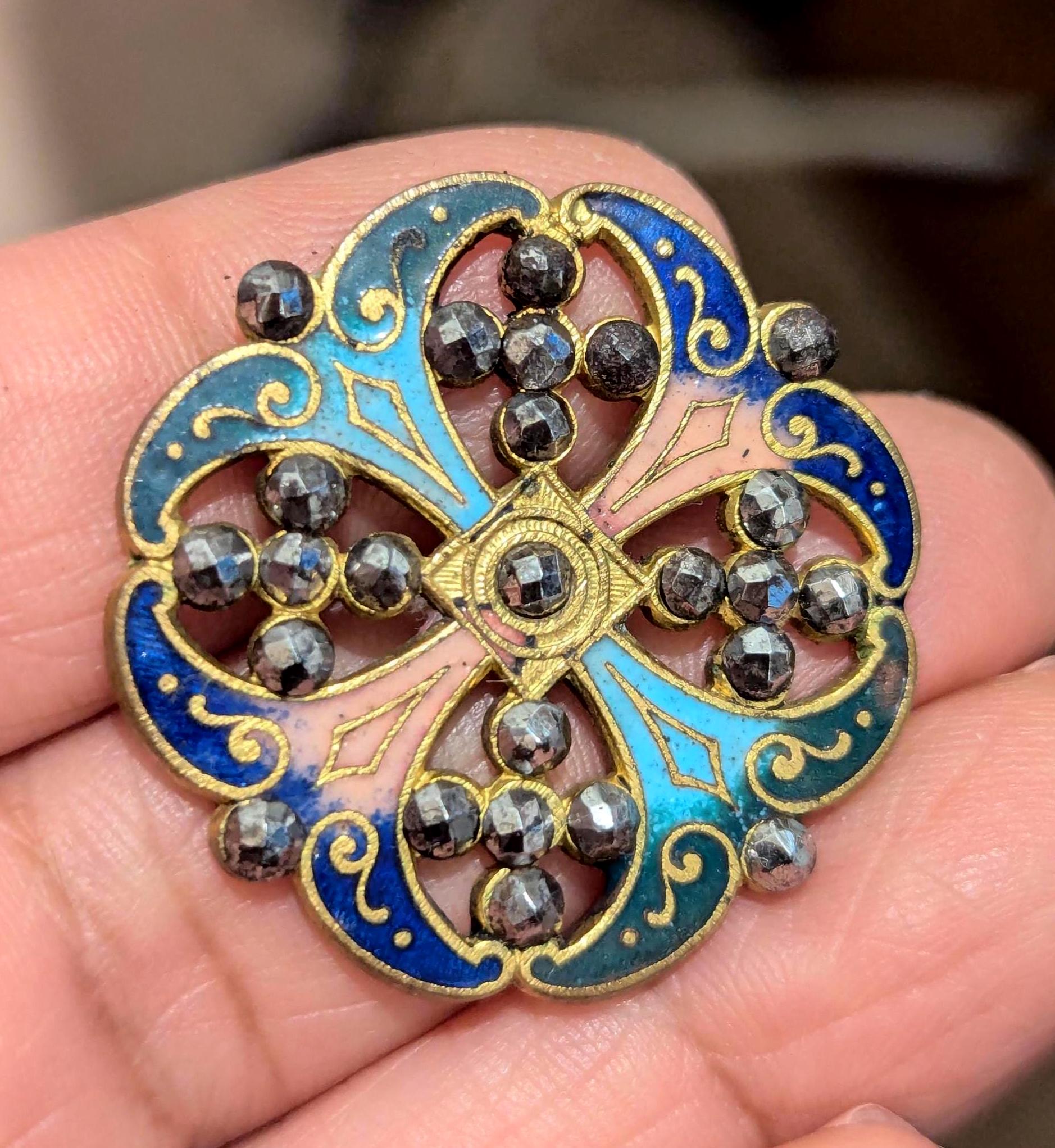 1 Large Antique Button in Multiple Enamels, Cut Steel,and Open Feature ...