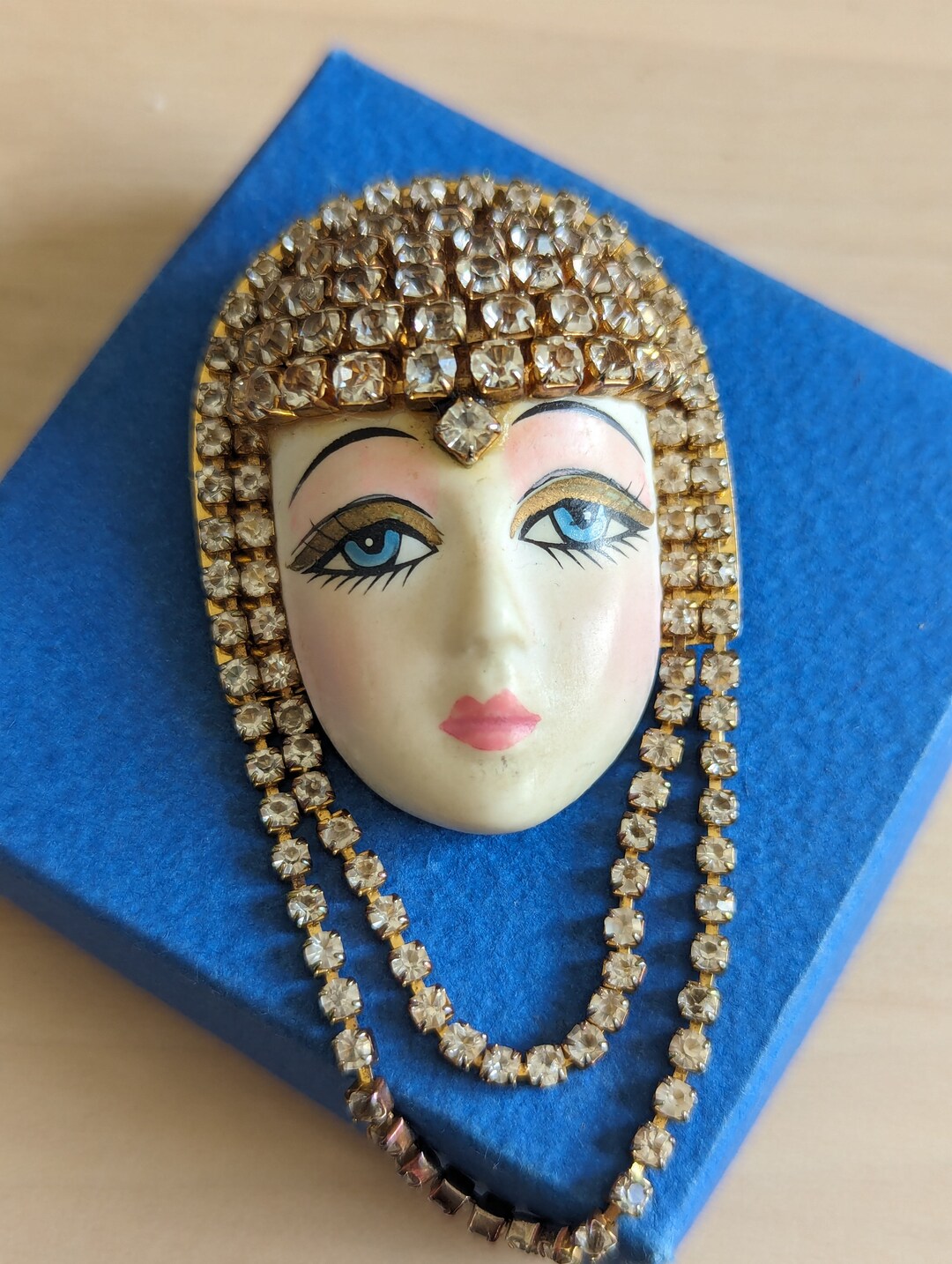 Art Deco Brooch as Painted Ceramic Face Feature and Vintage Swavoroski ...
