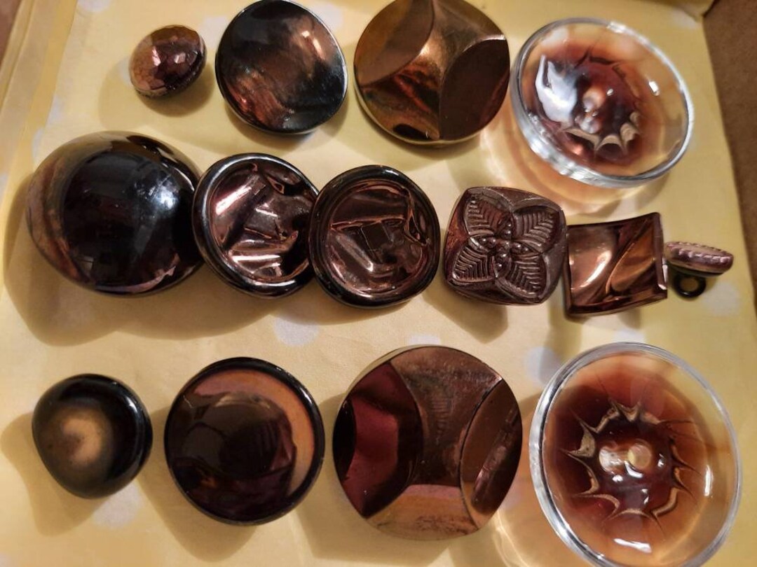 Button Box Selection of 14 Copper Effect Glass. 30mm Largest 10mm ...