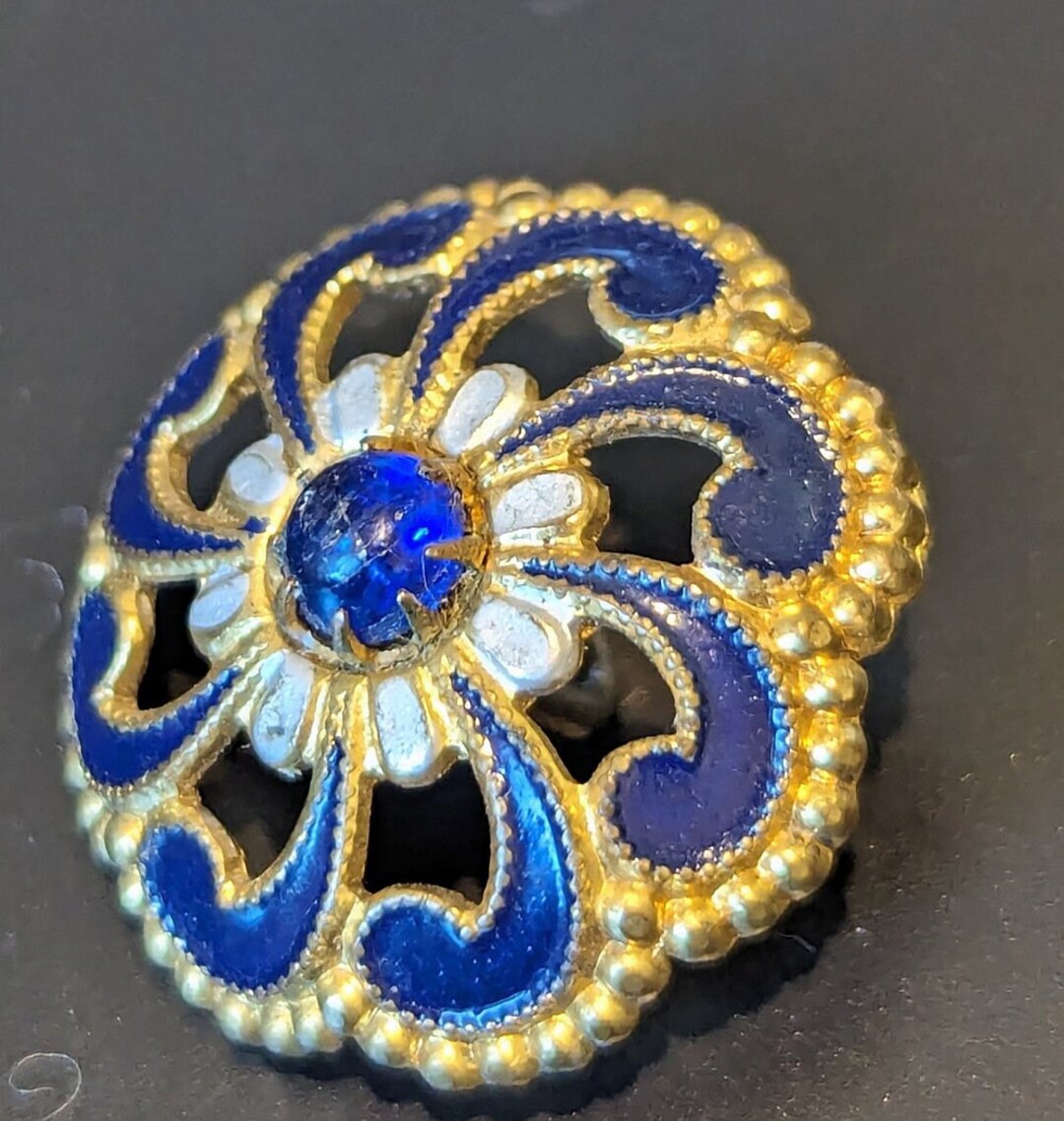 1 Antique 1800's Gilt Blue Stone and Open Enamel Domed Button. 20mm ...