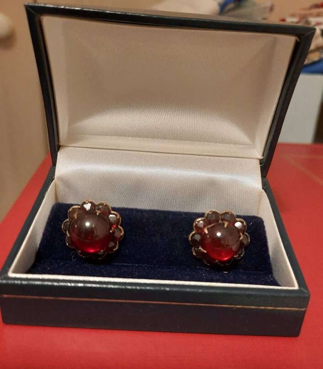 Edwardian Ruby Red Glass Buttons: Gilt Metal Clawset Crowns (boxed Gift ...