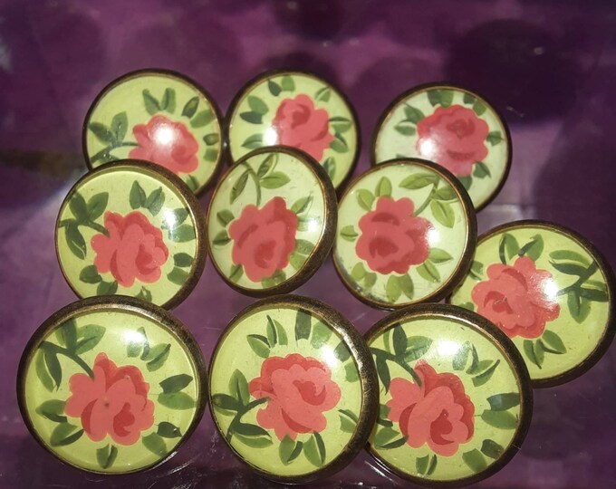 Buttons Vintage Designer 1980s X 10 Pink Painted Roses Behind Glass ...