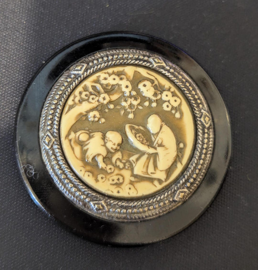 Japanese Fruit Pickers Button in Metal and Celluloid. 4.2cm Diameter ...