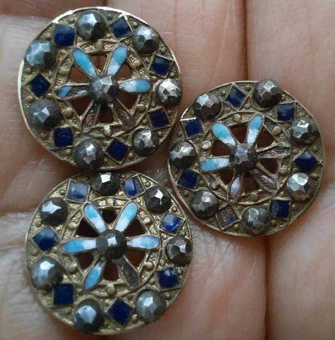 3 Antique Gilt Enamel Buttons With Cut Steel Surrounds. 1.4cm or 14mm ...