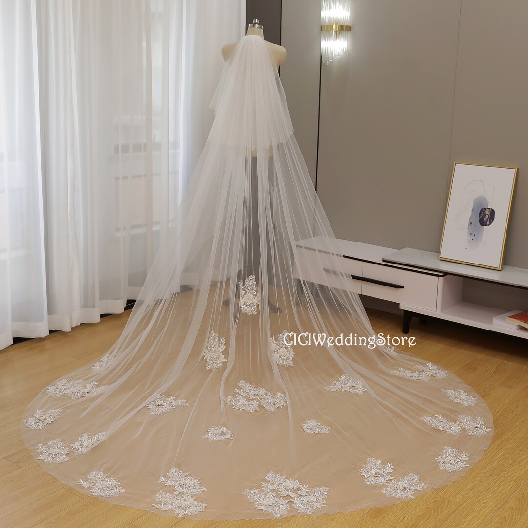 Light Champagne Flowers Wedding Veil With Blusher, Elegant Floral ...