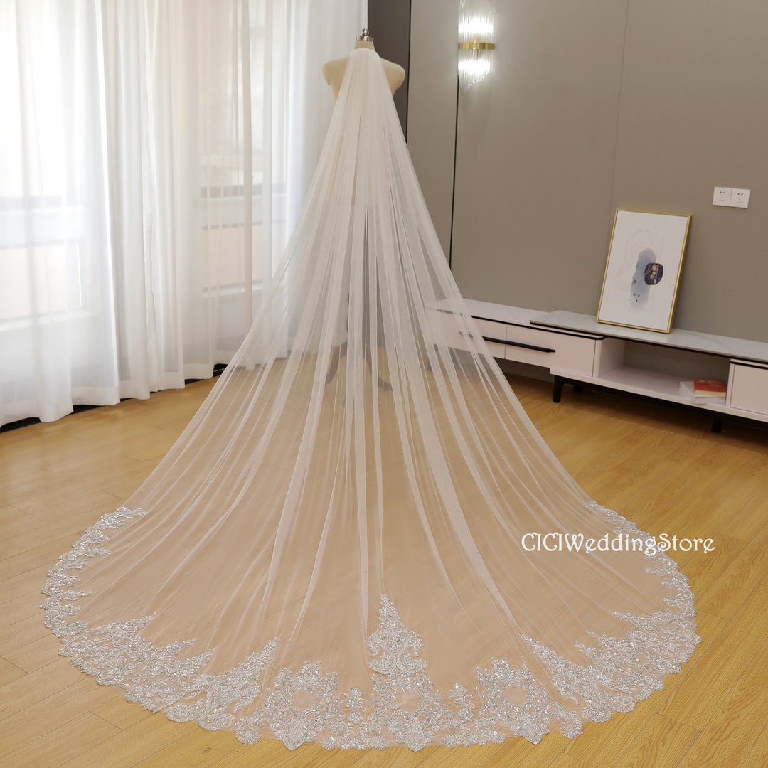 Elegant Sparkling Lace Wedding Veil, Luxury Cathedral Bridal Veil, Long ...