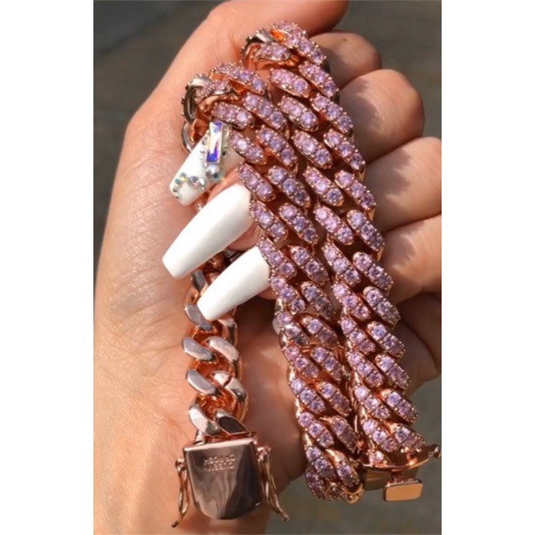 12mm Pink Cuban Chain Butterfly and Rose Gold Miami Cuban Link Chain ...