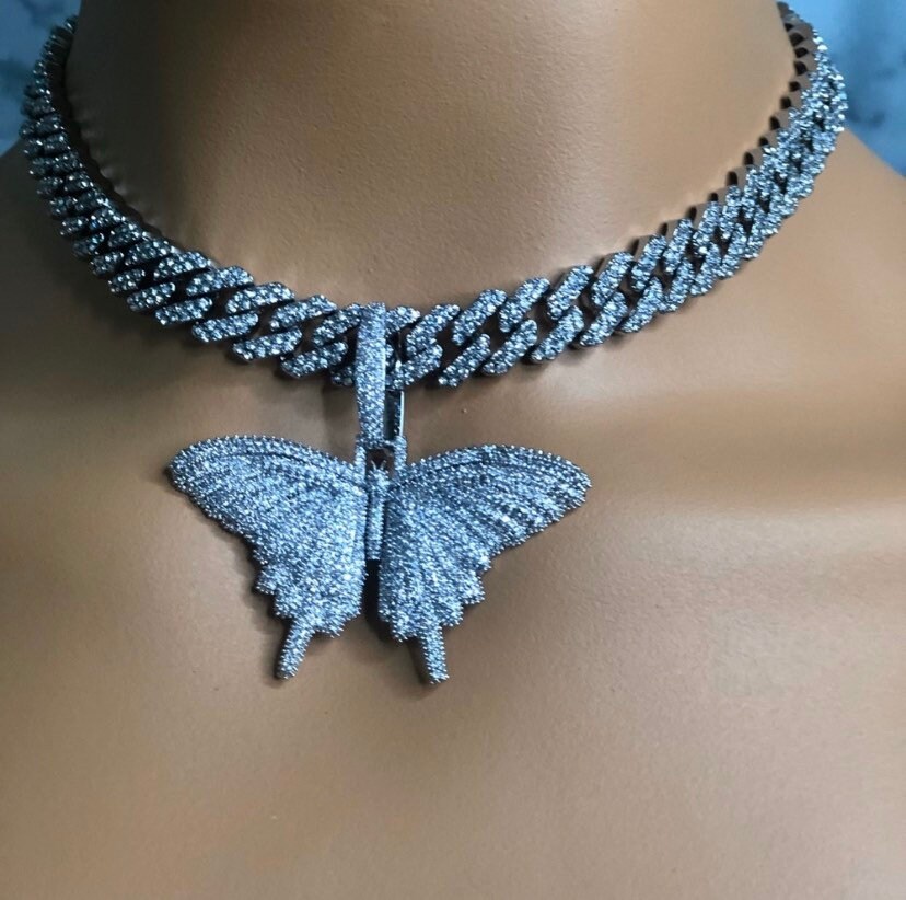 Butterfly Cuban Choker Chain Necklace Blinged Iced Cuban | Etsy