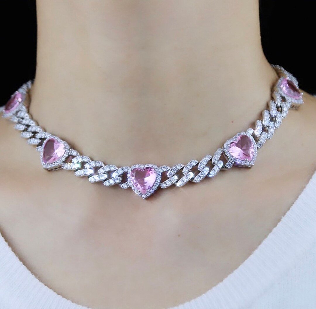 Icy Bling Cuban Heart Necklace, Heart Choker, Pink Icy Heart Necklace ...