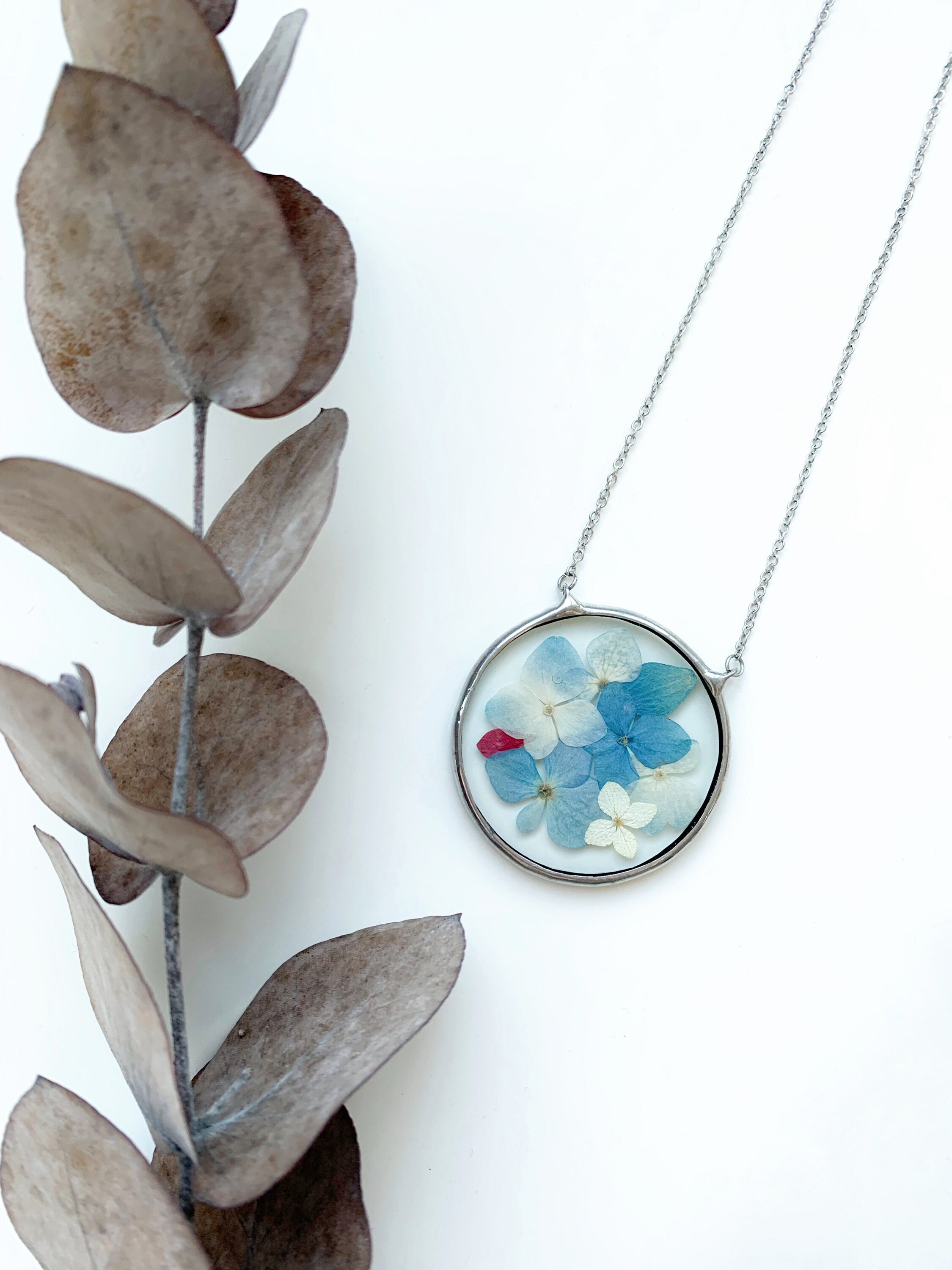 Terrarium Jewelry Pressed Blue Hydrangea Stained Glass - Etsy