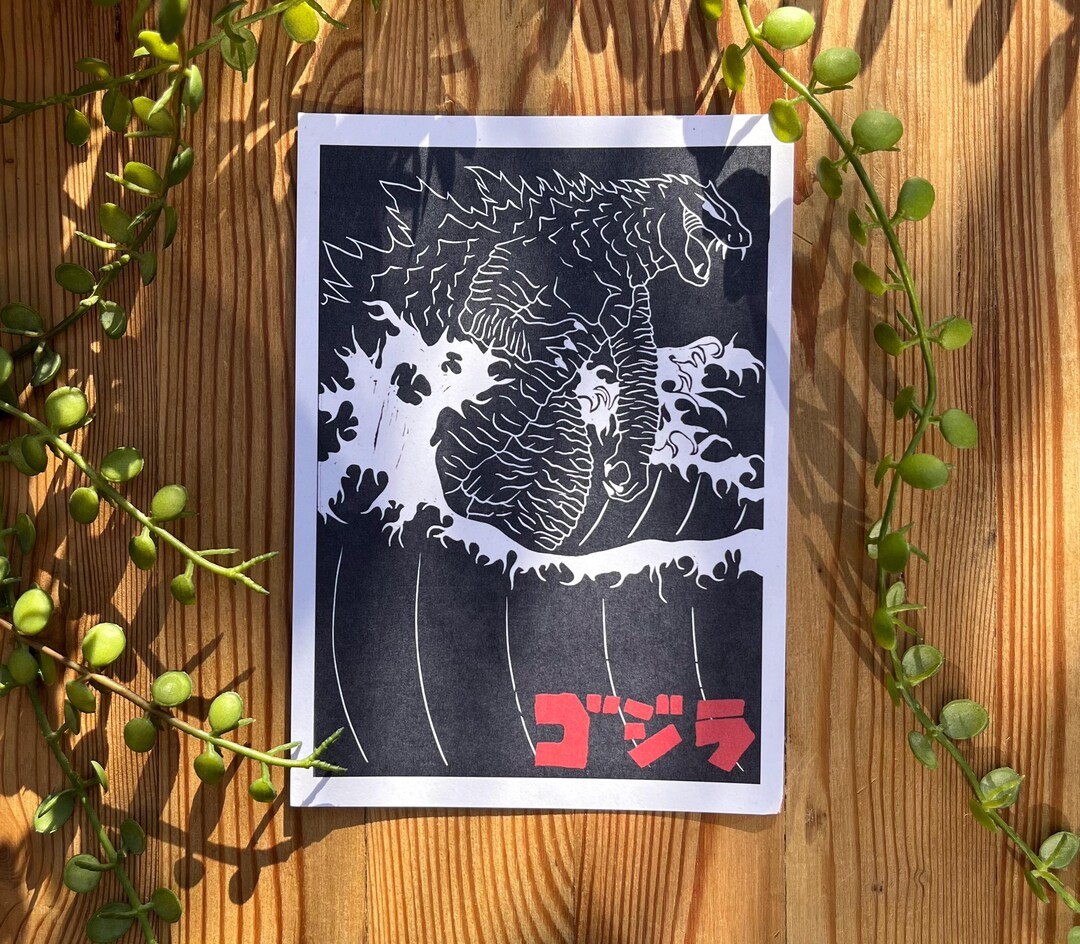 Godzilla Themed Designs on Recycled Paper // Handprinted Designs ...