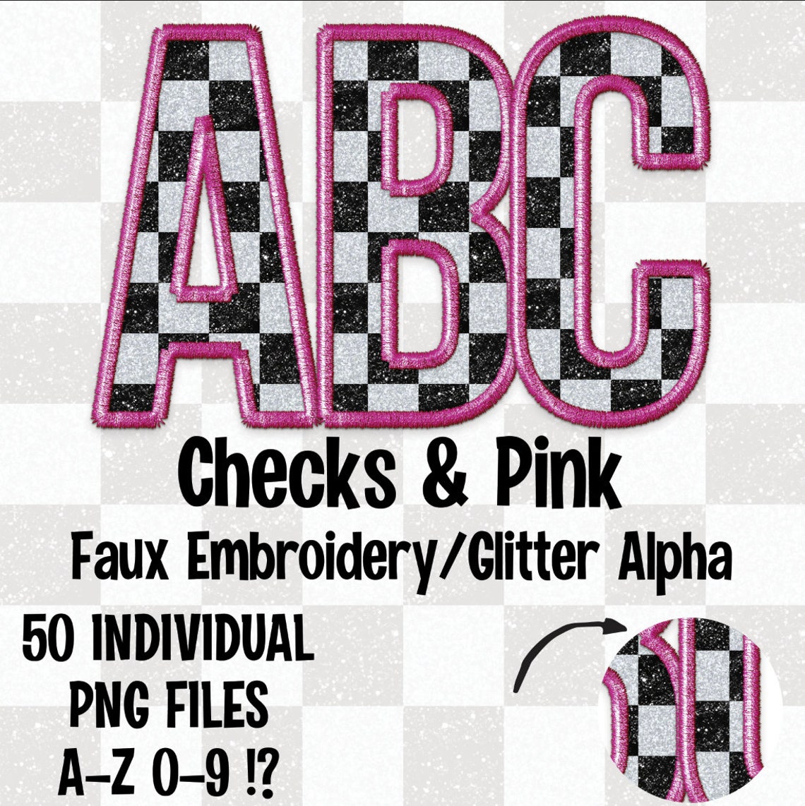 Pink and Black Checkerboard Faux Glitter & Faux Embroidery ALPHABET Set ...
