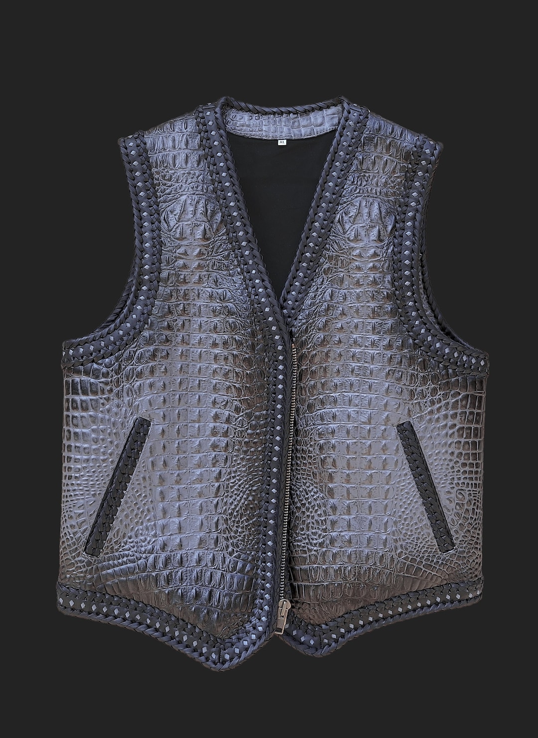 Gray Gator Embossed Leather Vest for Bikers. 100% Handcrafted. Hand ...