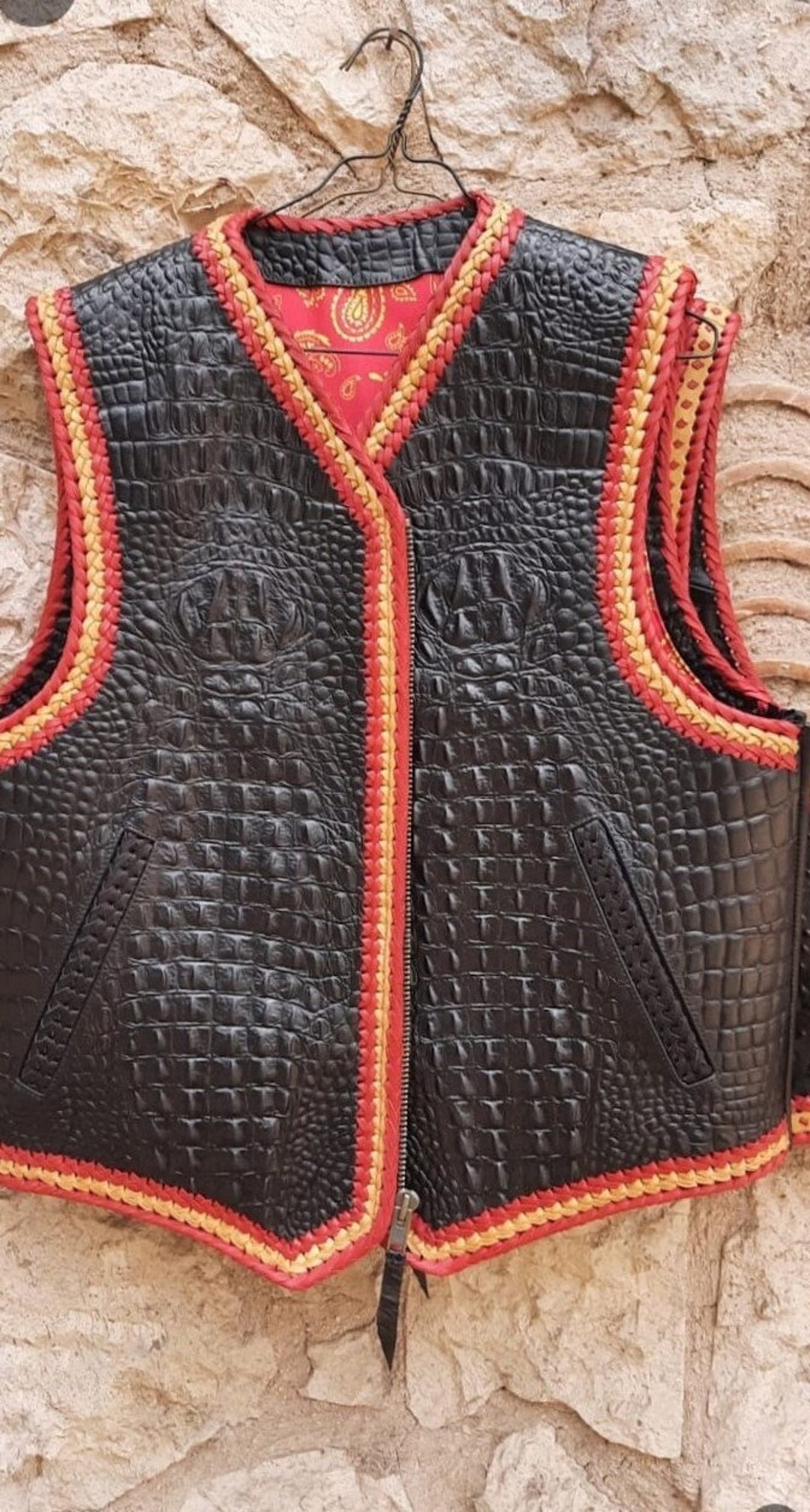 Triple Braid Gator Embossed Leather Motorcycle Vest 18 Inches Front ...