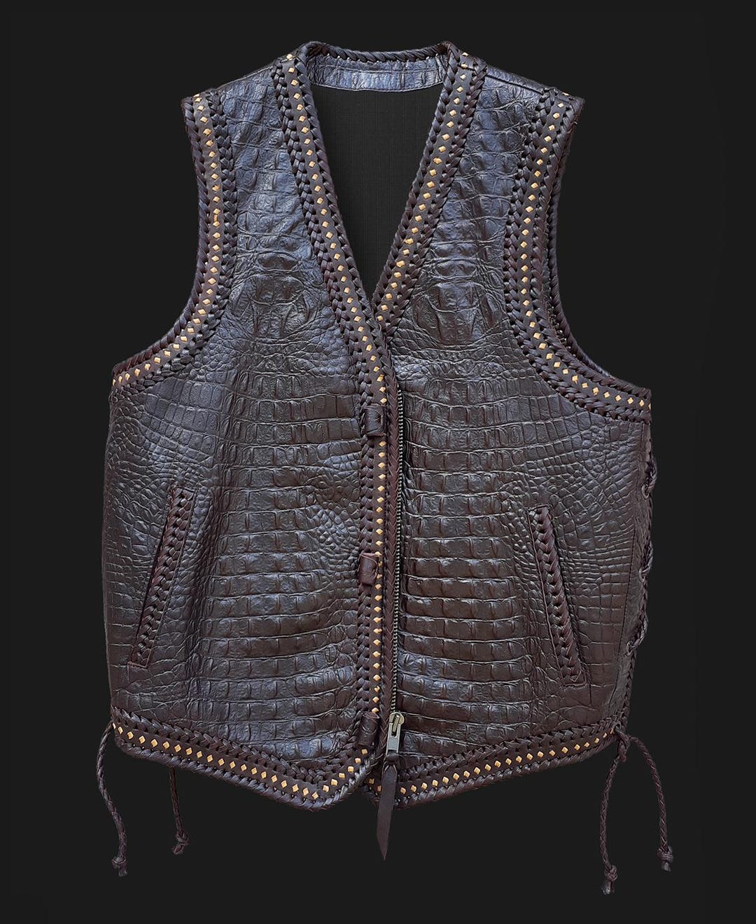 Gator Embossed Leather Vest for Bikers. 100% Handcrafted Vest. Hand ...