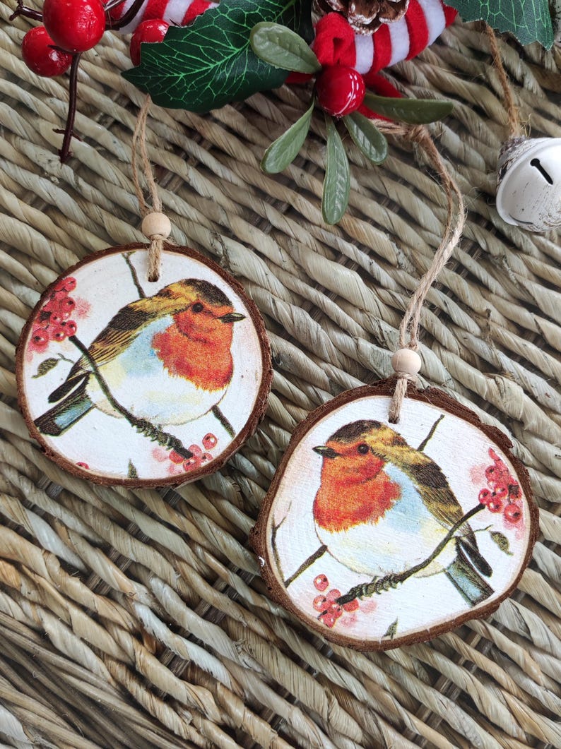 Robin Decoration \ Decoupage Wood Slice \ Hanging Decorations ...