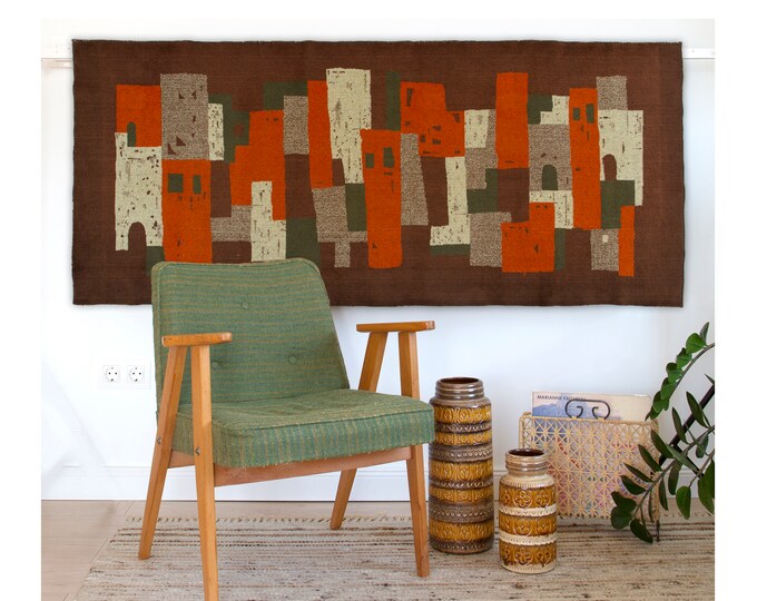 Mid Century Modern Wall Hanging, Tapestry With Abstract Pattern, Brown ...