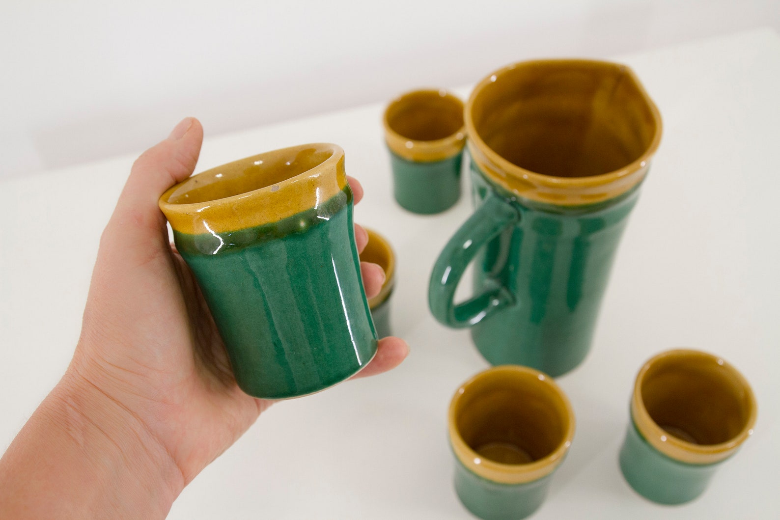 Vintage Ceramic Drink Set: Mid Century Modern Studio Pottery Jug + Cups in Teal and Mustard ...