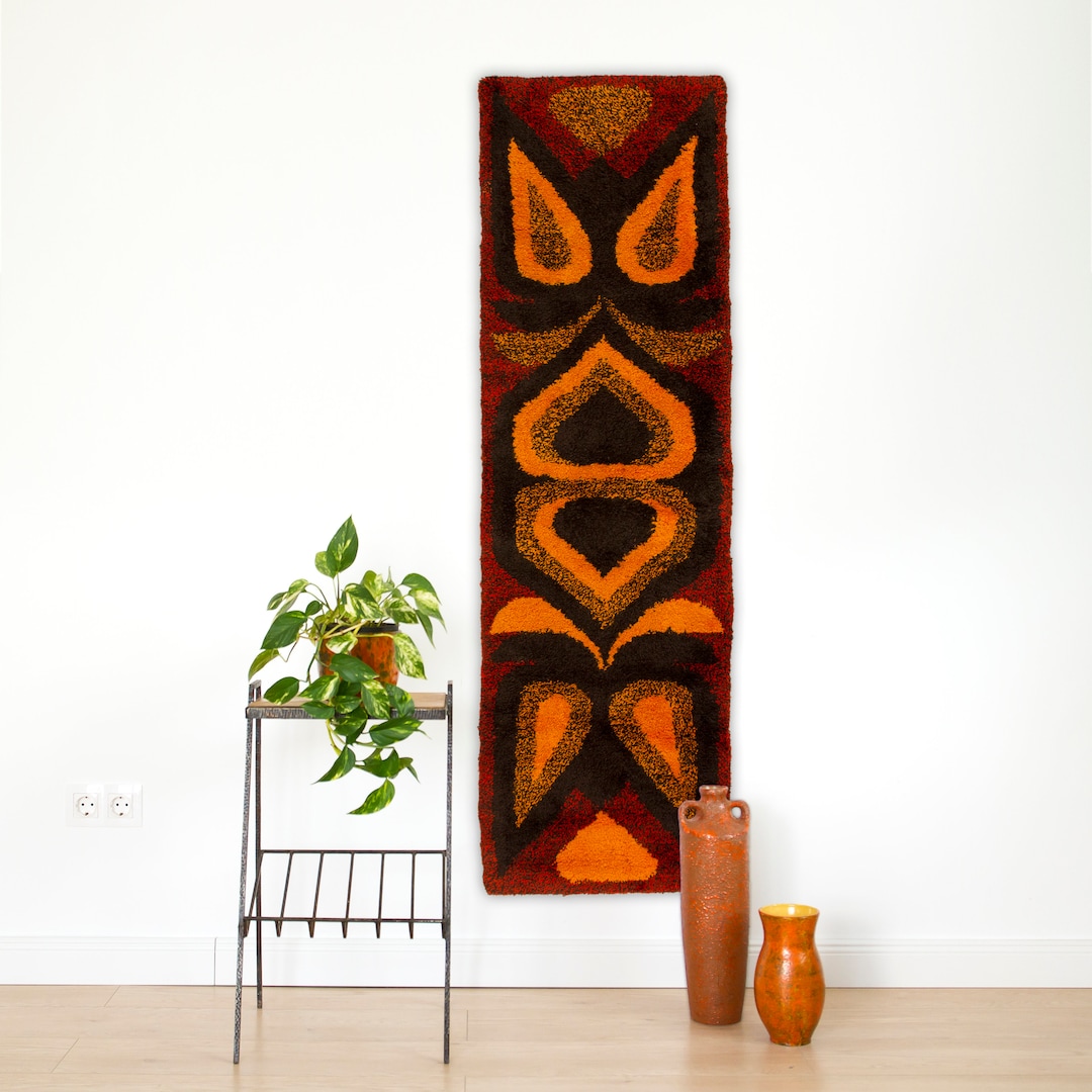 Mid Century Rya Rug Tapestry, Large Vintage Wall Hanging in Deep Warm ...