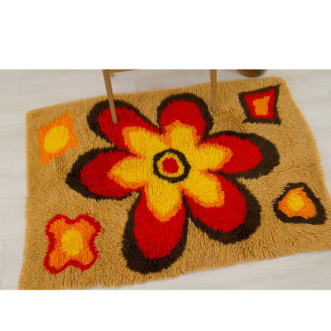 Floral Rya Rug, 60s Mid Century Rya Rug or Tapestry With Flower ...