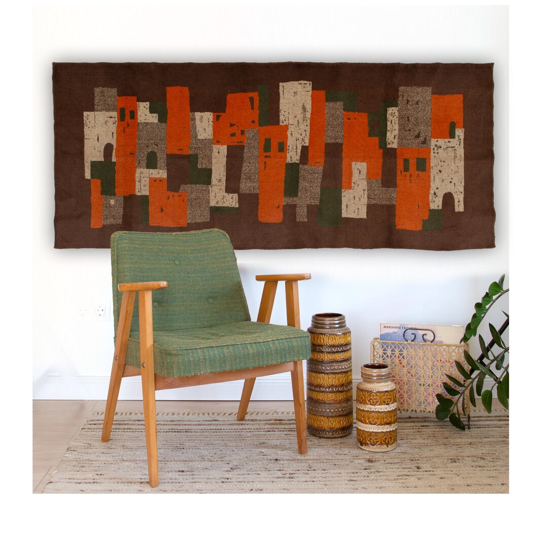 Mid Century Modern Wall Hanging, Tapestry With Abstract Pattern, Brown ...