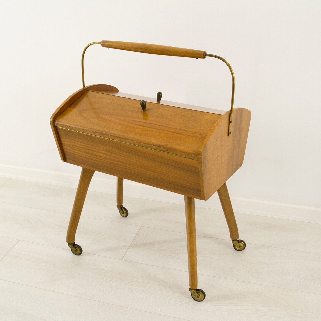 Vintage Sewing Box, 60s Fold Out Sewing Box on Wheels, Rolling Mid ...