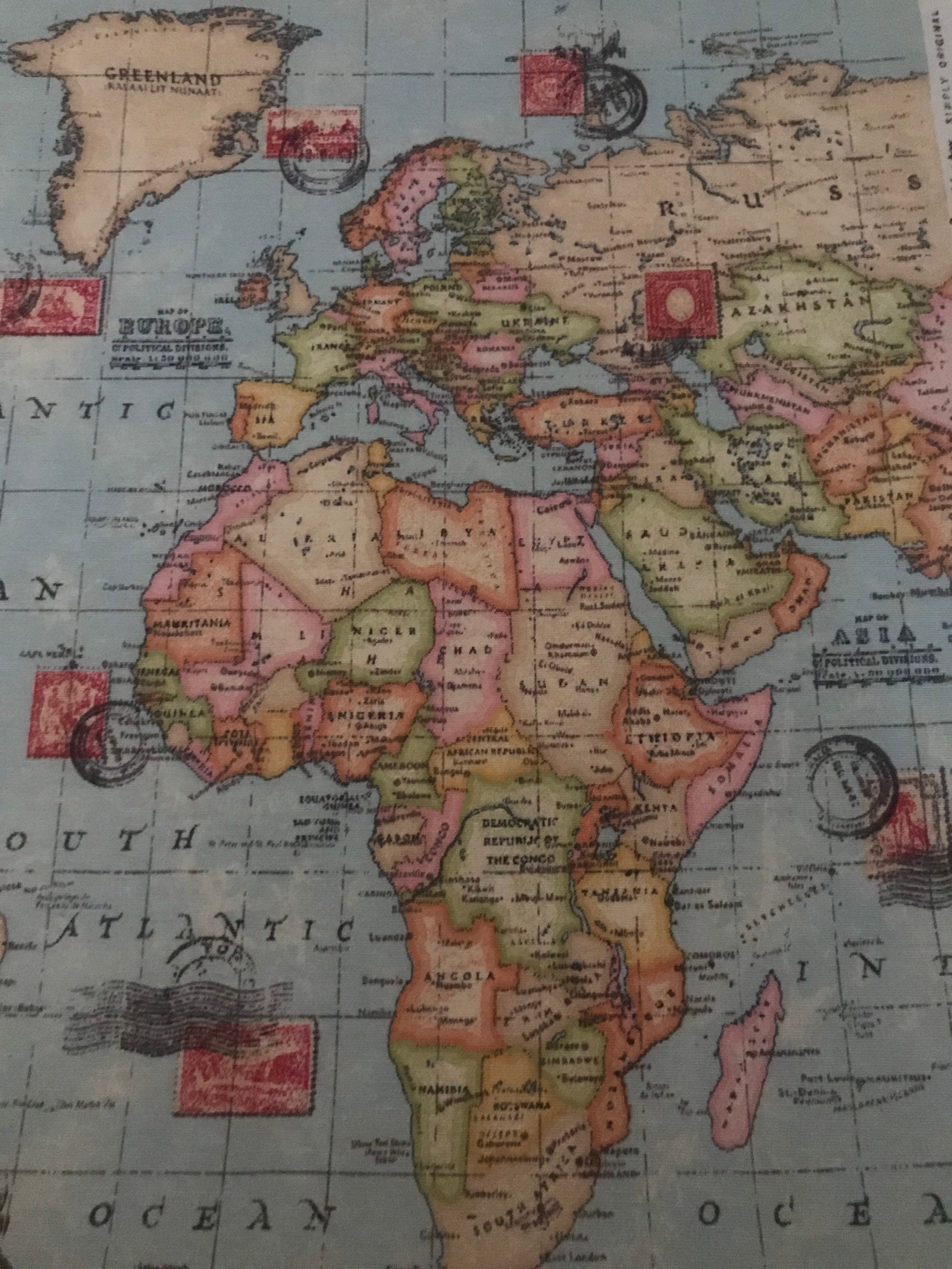 World Map Fabric - Blue Background - Etsy