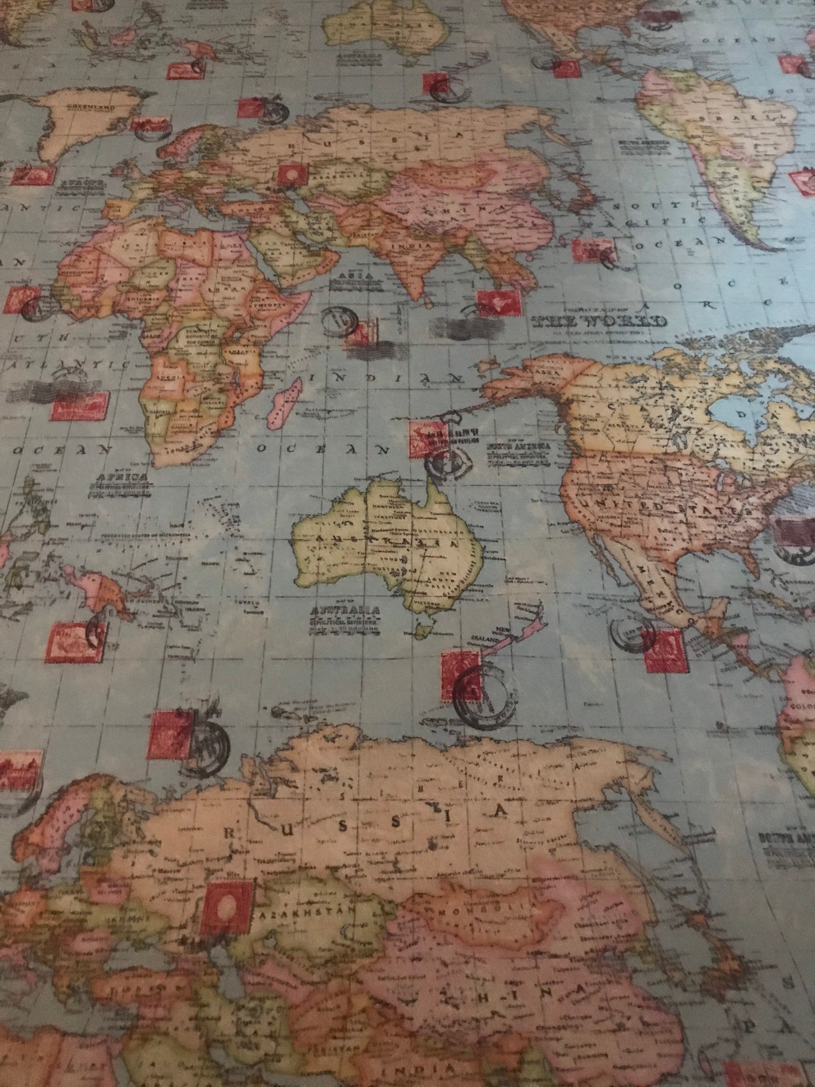 World Map Fabric Blue Background | Etsy