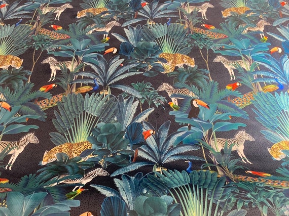 Jungle Print Velvet Fabric Navy Background - Etsy