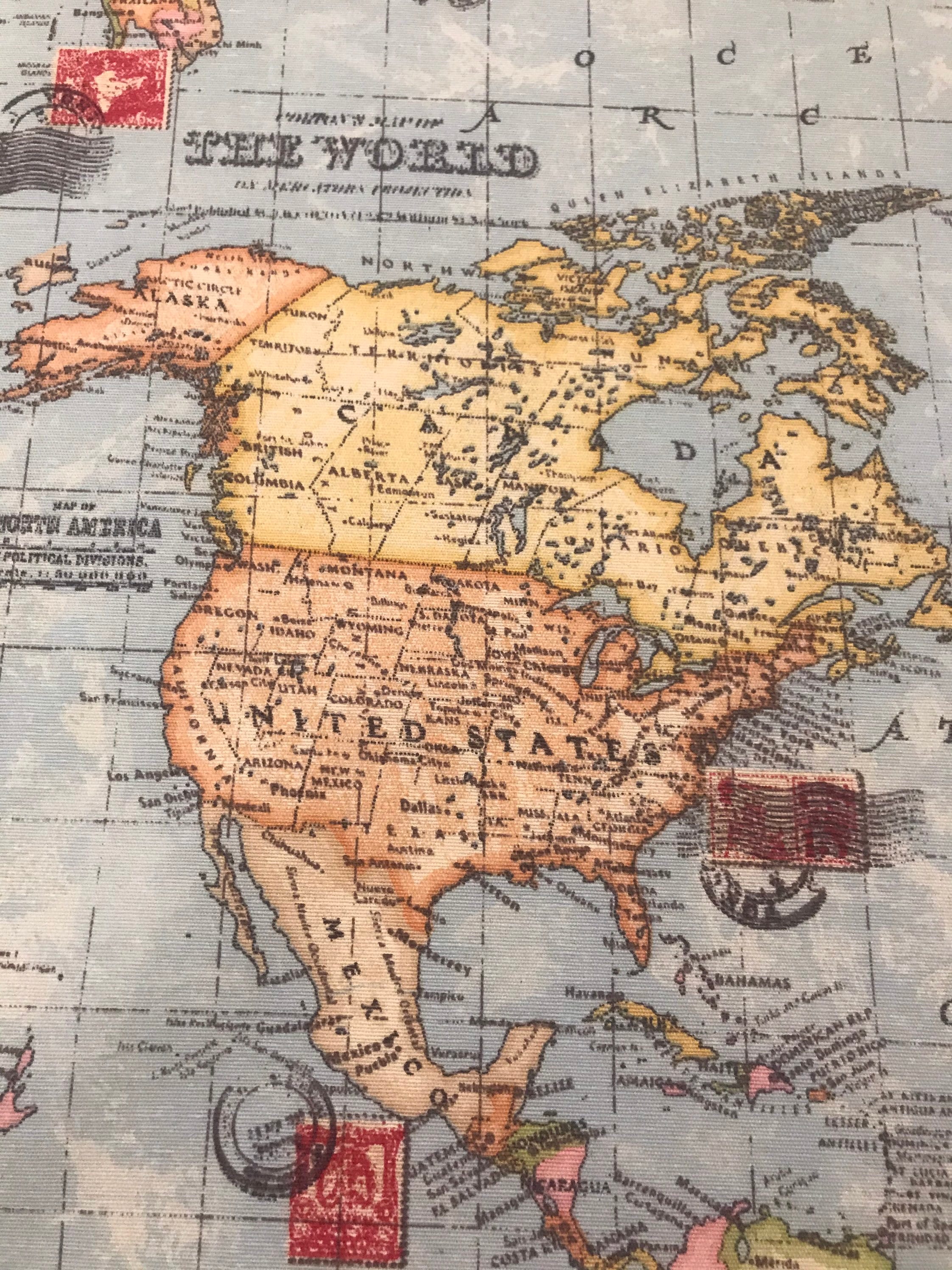 World Map Fabric - Blue Background - Etsy