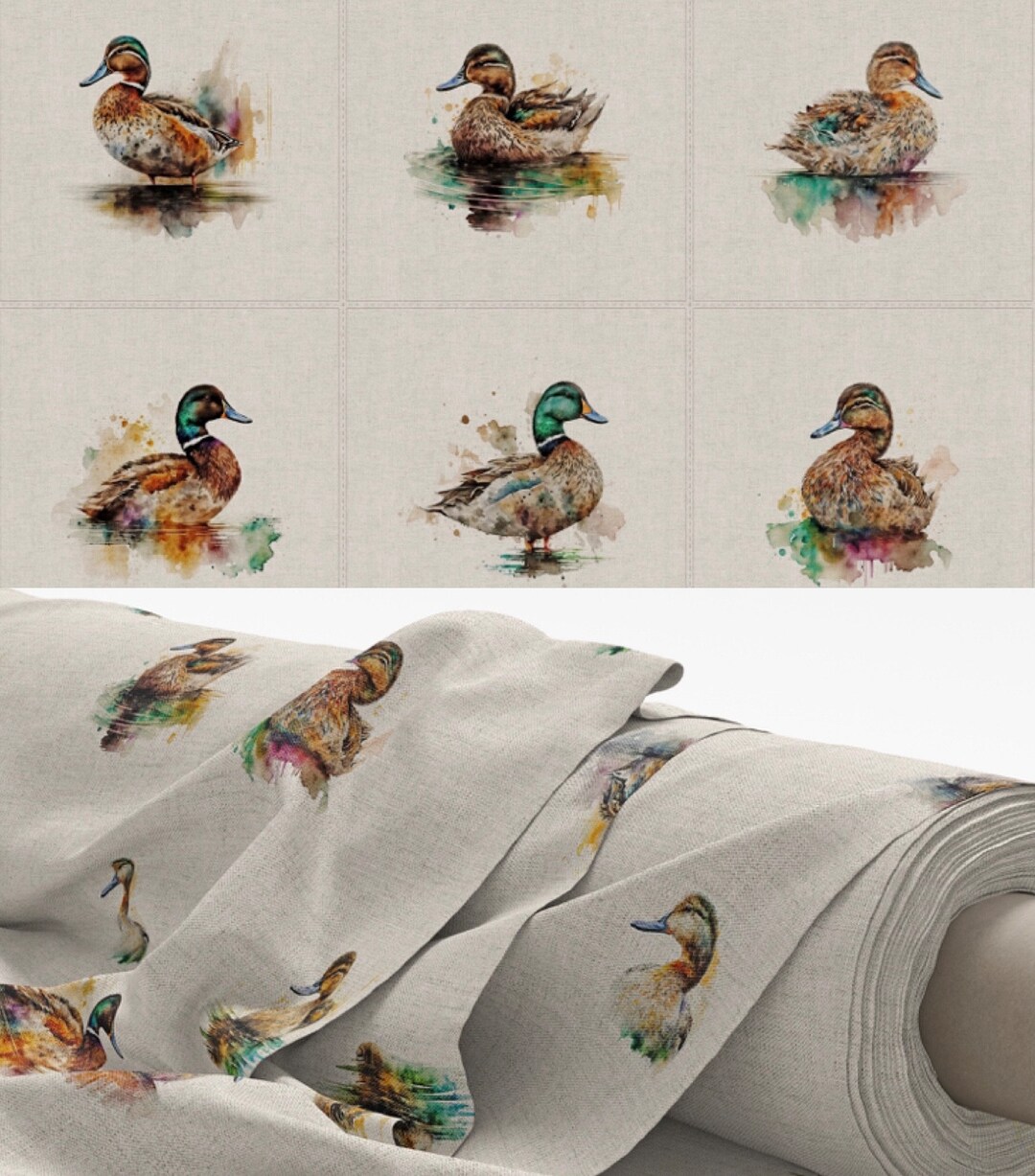 Watercolour Ducks Linen Look Fabric With Matching Cushion Panels - Etsy