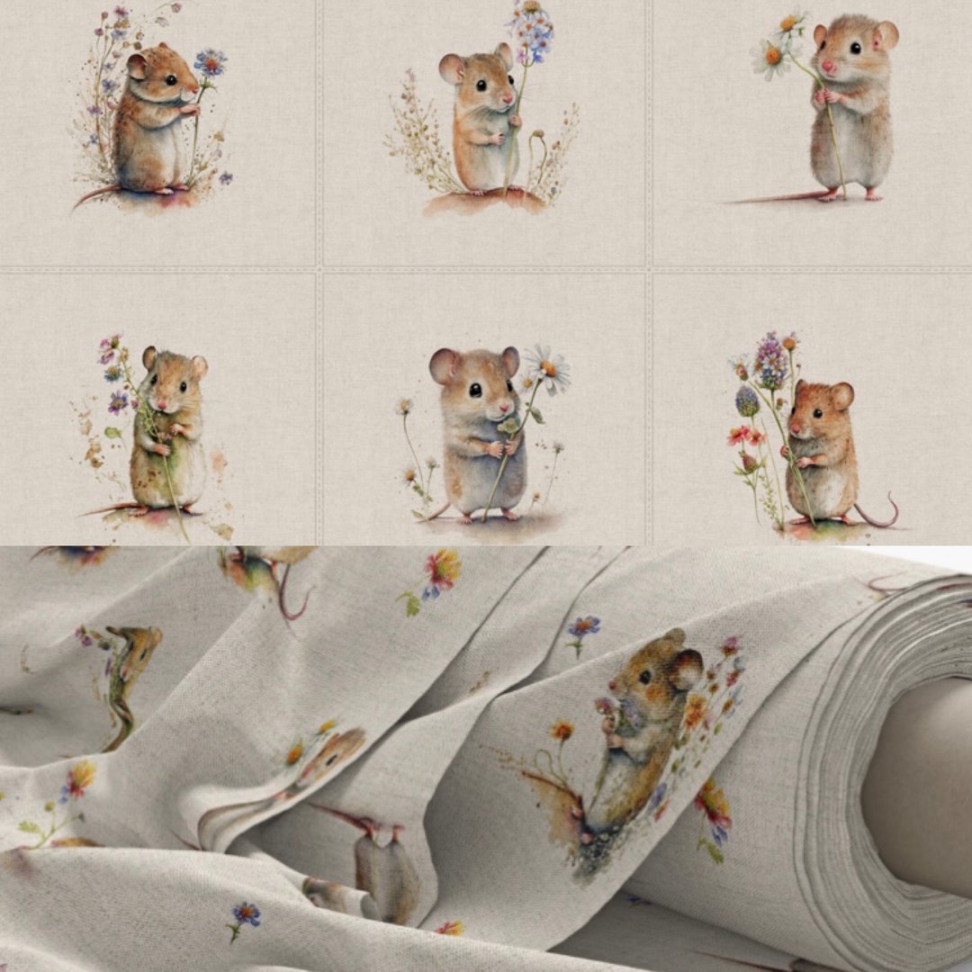 Adorable Field Mouse Fabric With Matching Cushion Panels - Linen Look ...