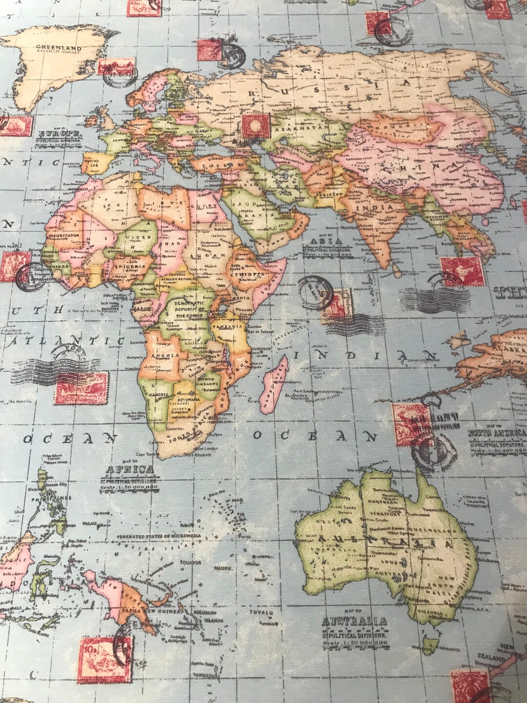 World Map Fabric - Blue Background - Etsy