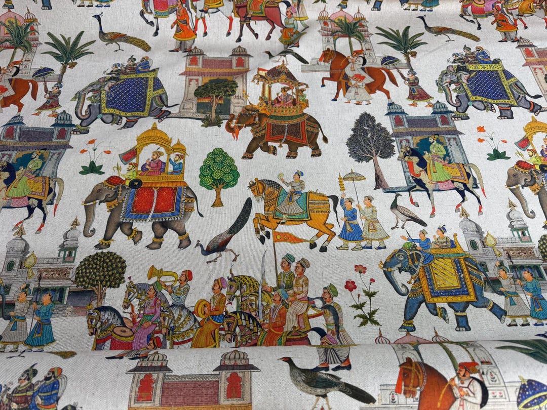 Agra Elephant and Temples Linen Look Fabric - by the Metre - Etsy