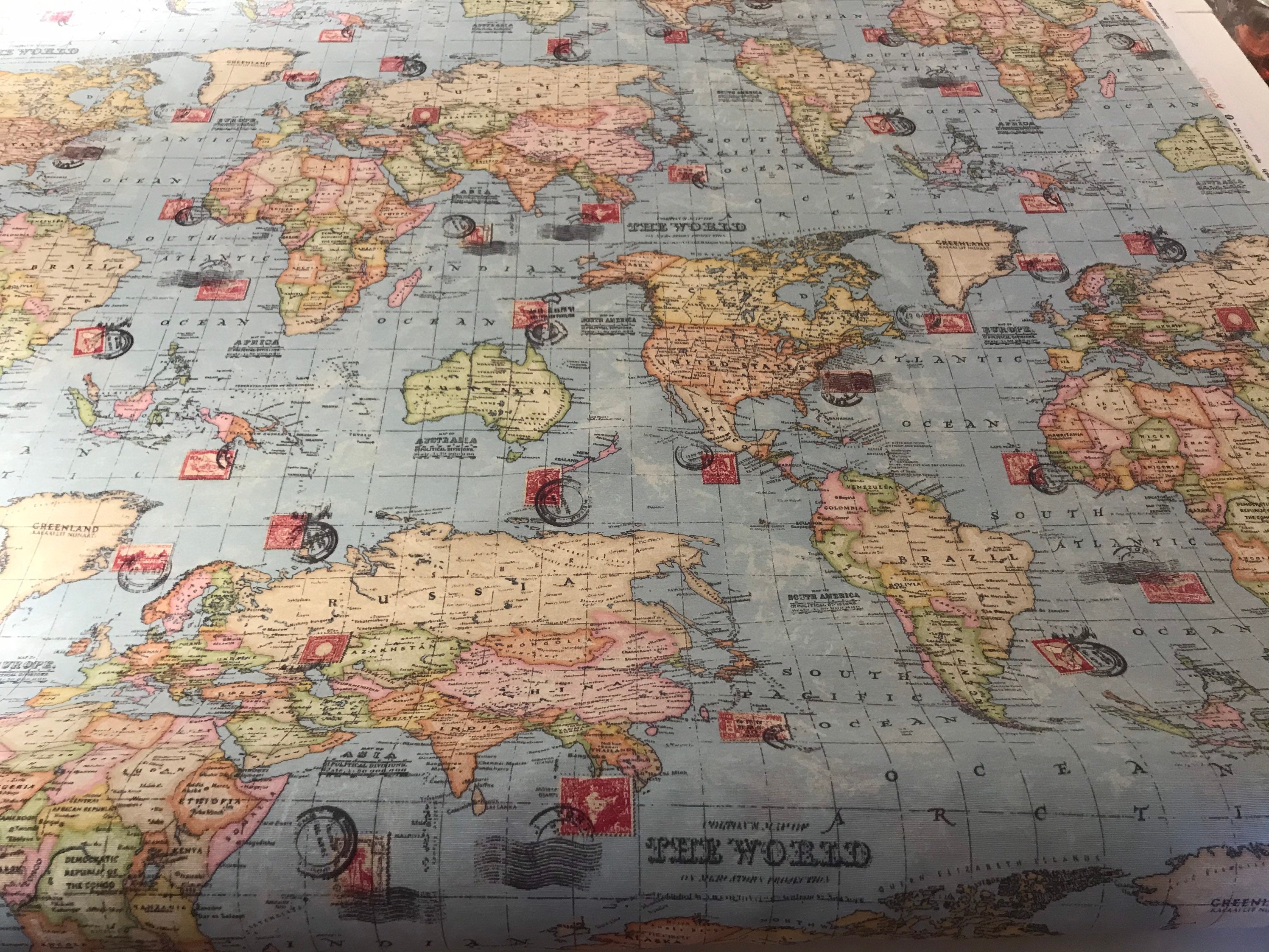 World Map Fabric Blue Background | Etsy
