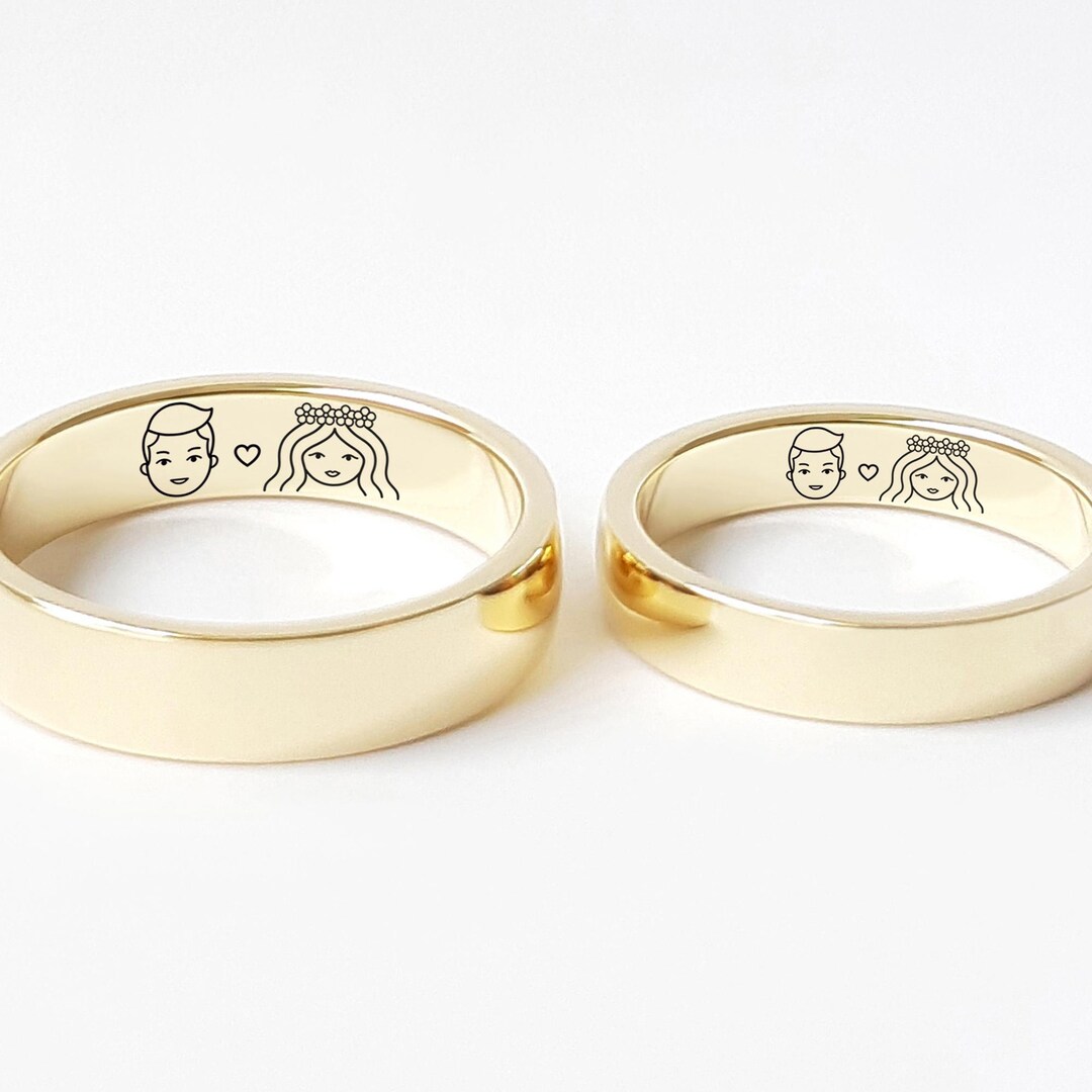 Bride Groom Wedding Bands, 14K Gold Rings, Personalized Engraving ...