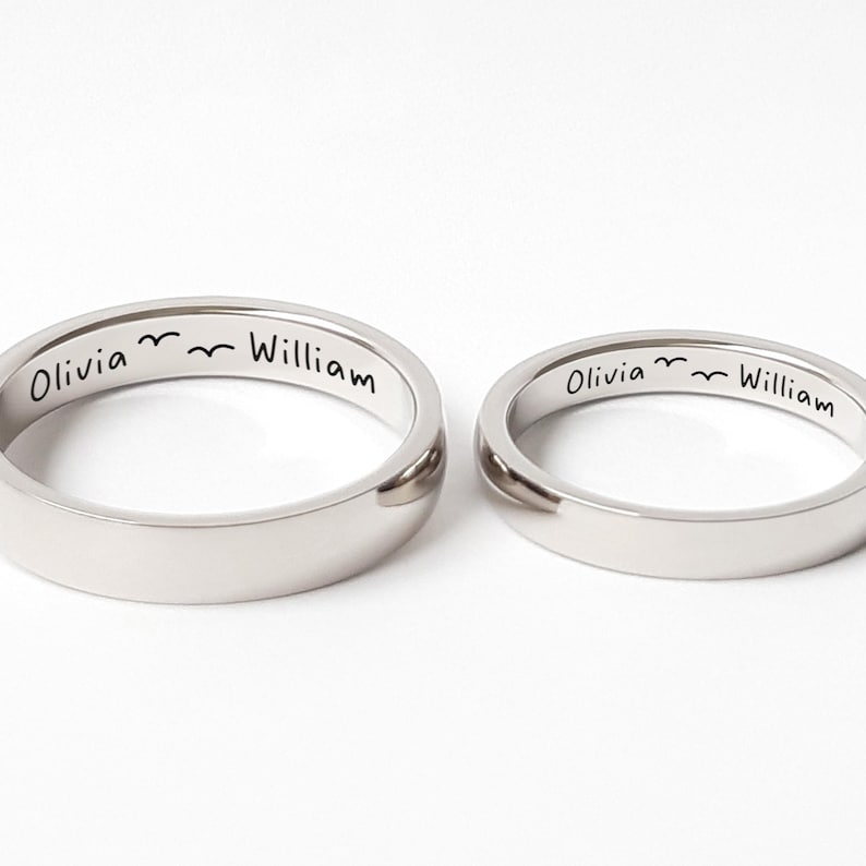 Flying Bird Wedding Bands, 14K Gold Rings, Personalized Engraving, Love ...