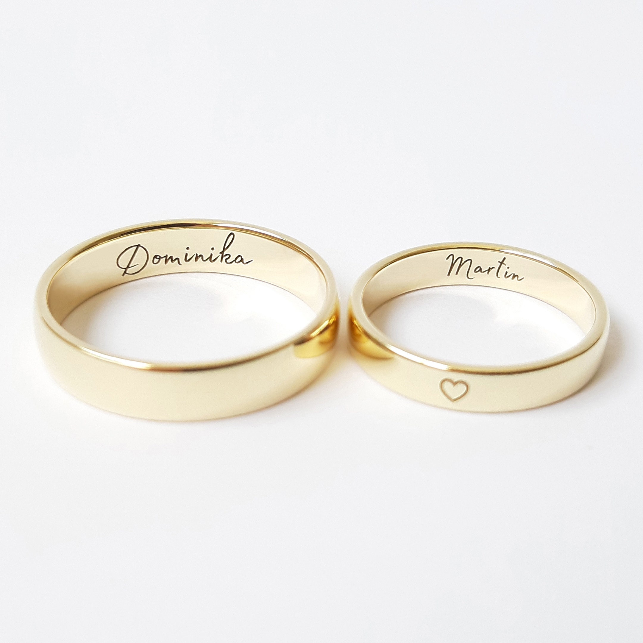 Personalized 14K Gold Wedding Band Set: Engraved Name & Heart Rings - Etsy
