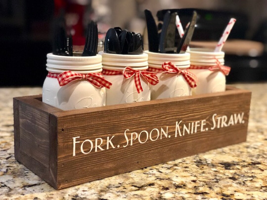 Rustic Farmhouse Mason Jar Utensil Holder: Painted Kitchen Storage ...