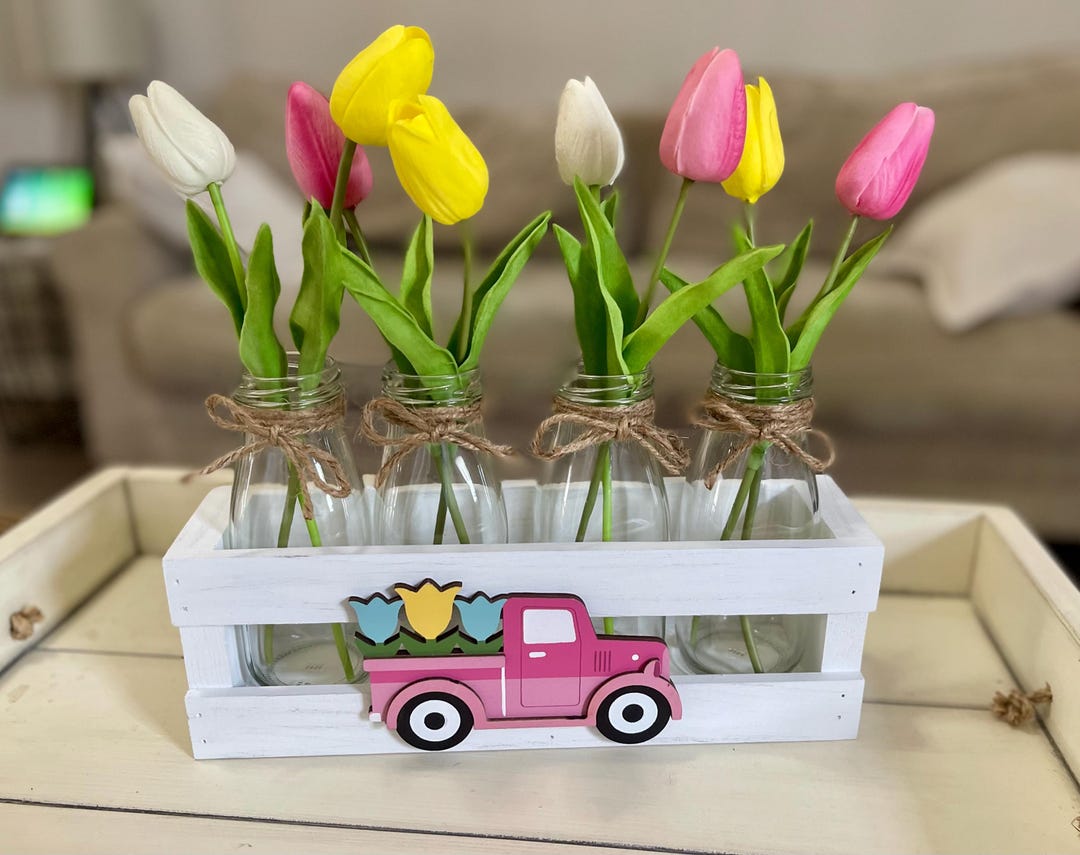 Rustic Farmhouse Spring Crate With Milk Jars & Tulips - Easter Decor ...