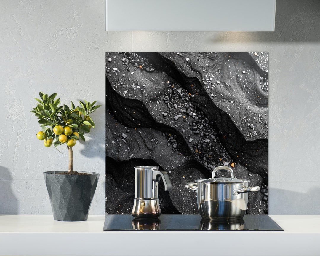 Black Natural Print Kitchen Backsplash From Tempered Glass, Custom Size ...