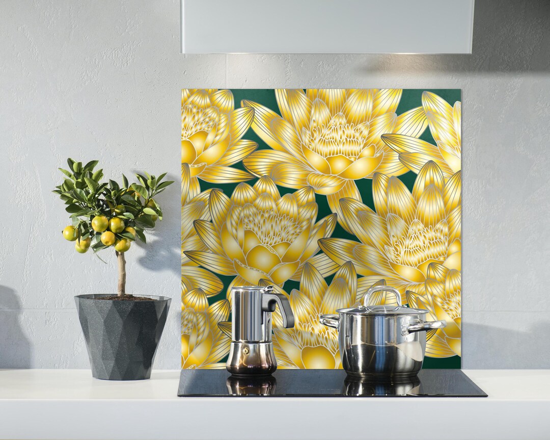 Gold Lotus Print Kitchen Backsplash From Tempered Glass, Custom Size ...