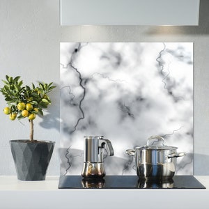 White Marble Effect Kitchen Backsplash Tempered Glass, Custom Size ...