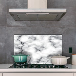 White Marble Effect Kitchen Backsplash Tempered Glass, Custom Size ...