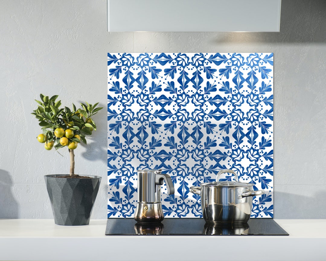 Vintage Portuguese Azulejos Blue Pattern Kitchen Backsplash Tempered ...
