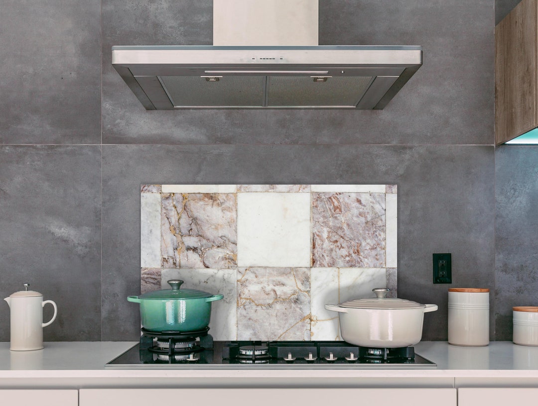 Kitchen Backsplash From Tempered Glass, Beige Marble Patchwork Print ...