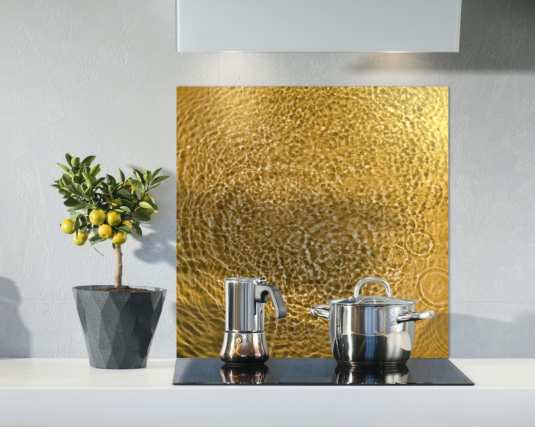Golden Water Kitchen Backsplash From Tempered Glass, Custom Size ...