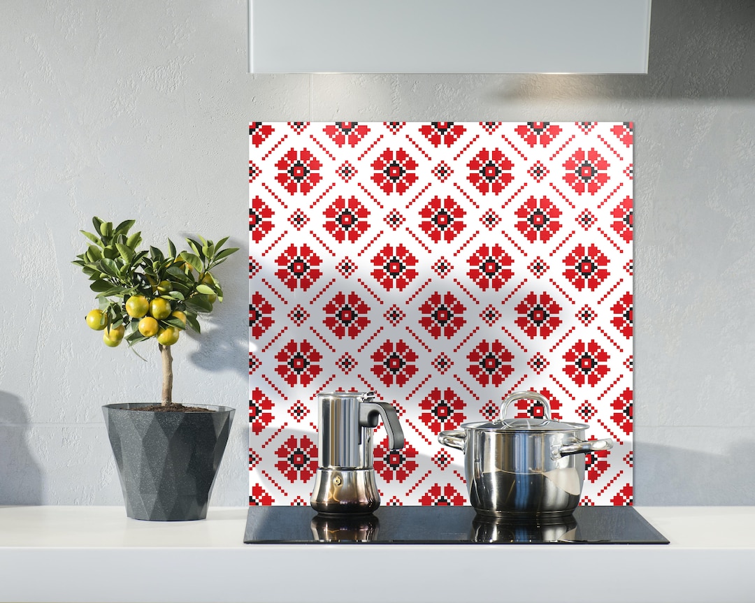 Glass Kitchen Backsplash, Slavic Red & White Pattern Wall Art, Tempered ...