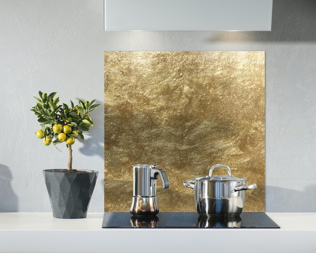 Gold Texture Kitchen Backsplash Tempered Glass, Custom Size Splashboard ...